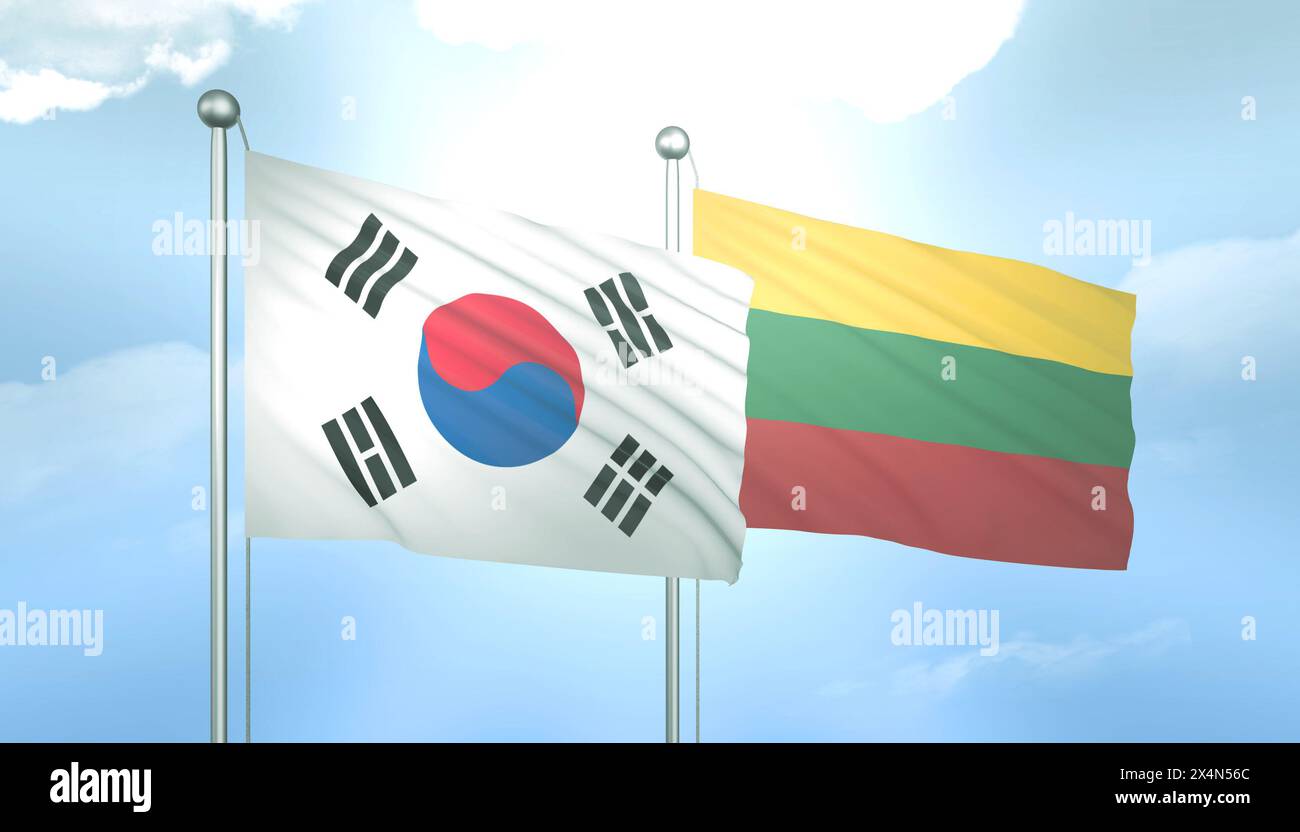 3D Flag of South Korea and Lithuania on Blue Sky with Sun Shine Stock ...