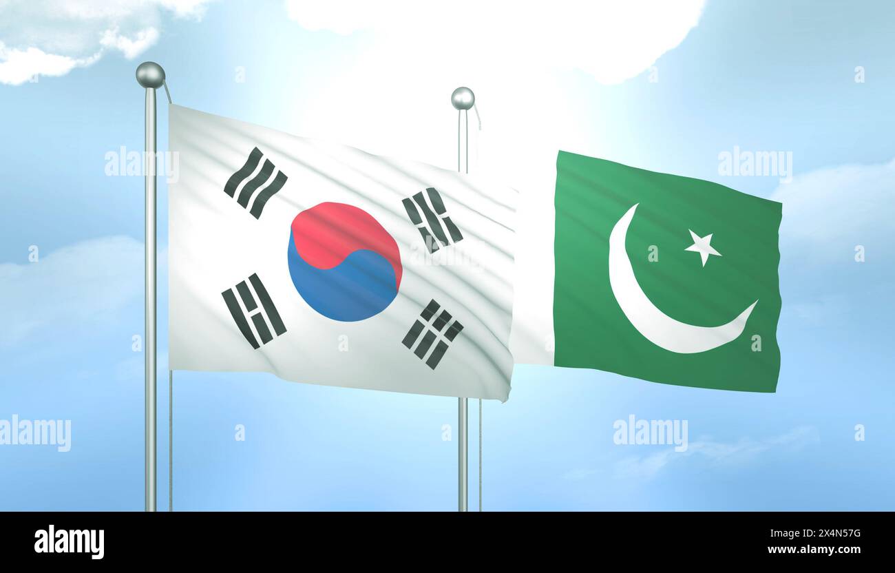 3D Flag of South Korea and Pakistan on Blue Sky with Sun Shine Stock ...