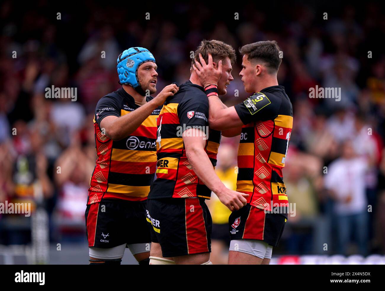 Gloucester Rugby's Freddie Clarke (centre) celebrates with team-mates ...