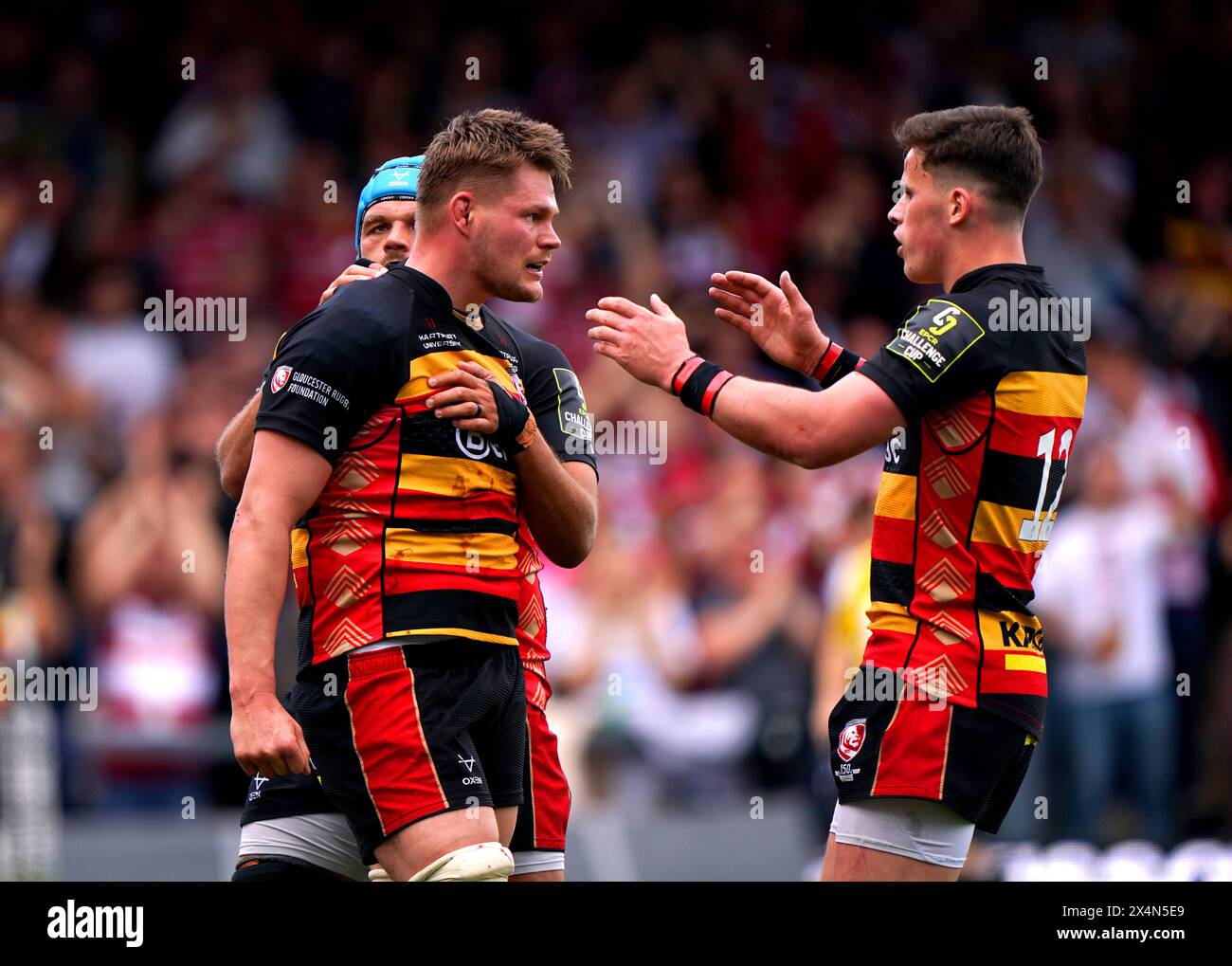 Gloucester Rugby's Freddie Clarke celebrates with team-mates Zach ...