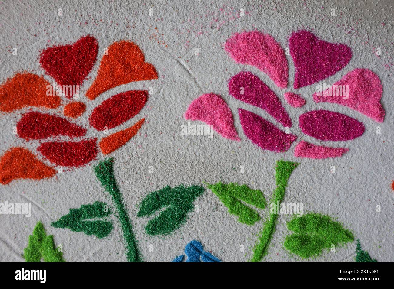 Background of Top view of Beautiful Rose flower rangoli design. Pink ...