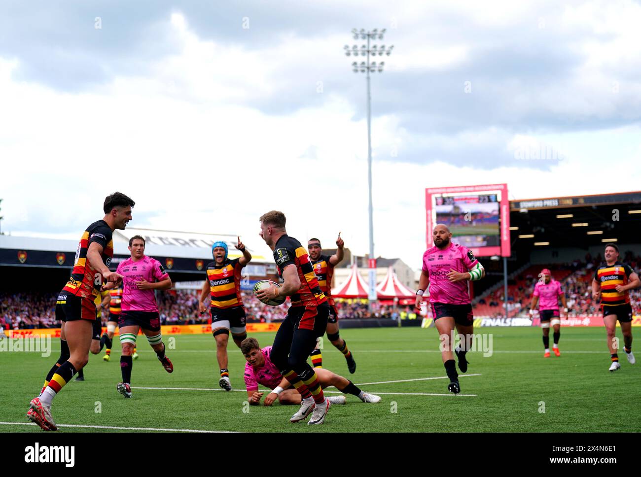 Gloucester Rugby's Ollie Thorley scores their side's fifth try of the ...