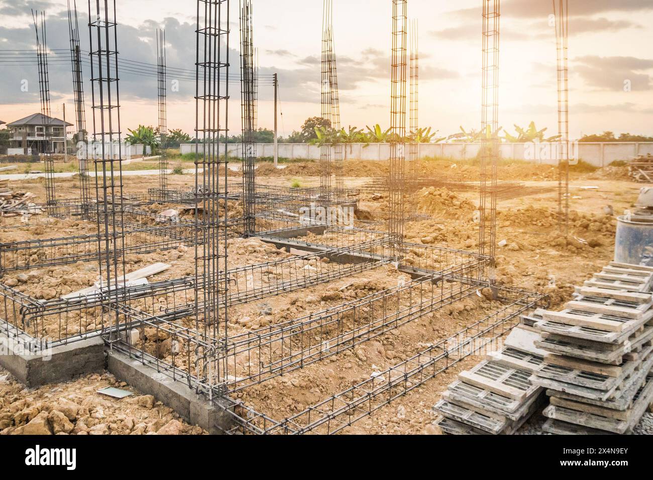 New House building construction site with rebar steel to reinforced ...