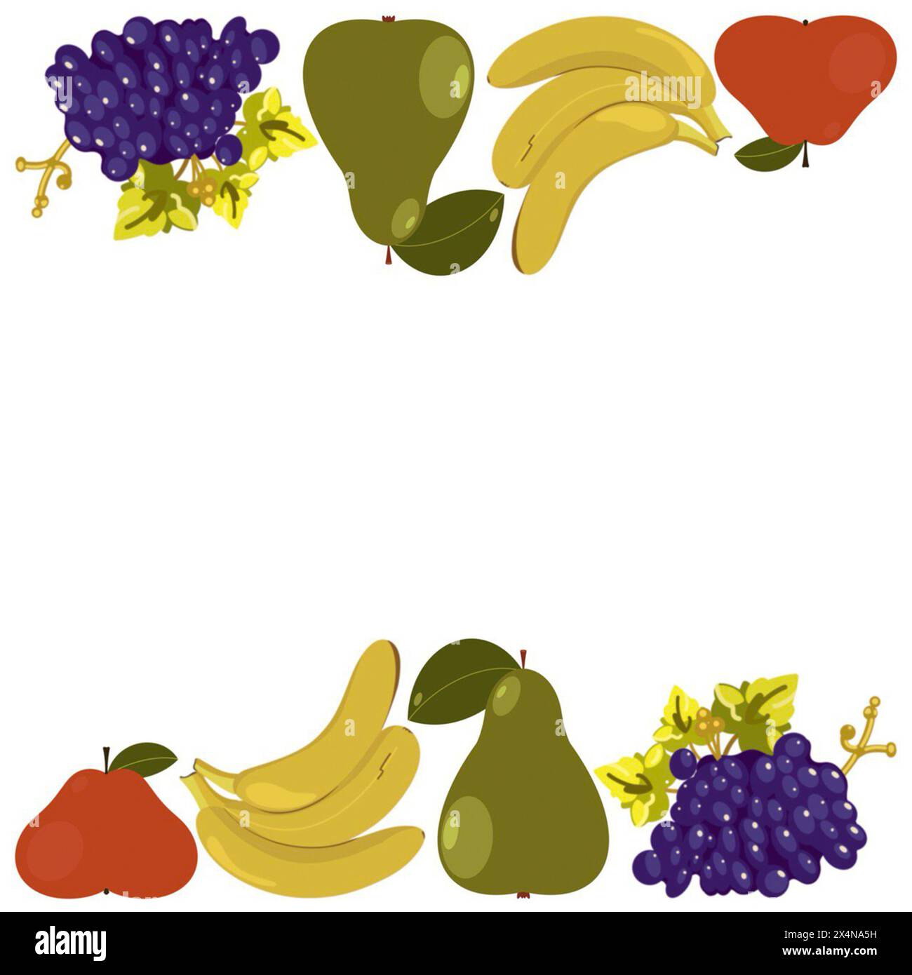 frame of pear, apple, banana branch and blue grapes illustration on a ...