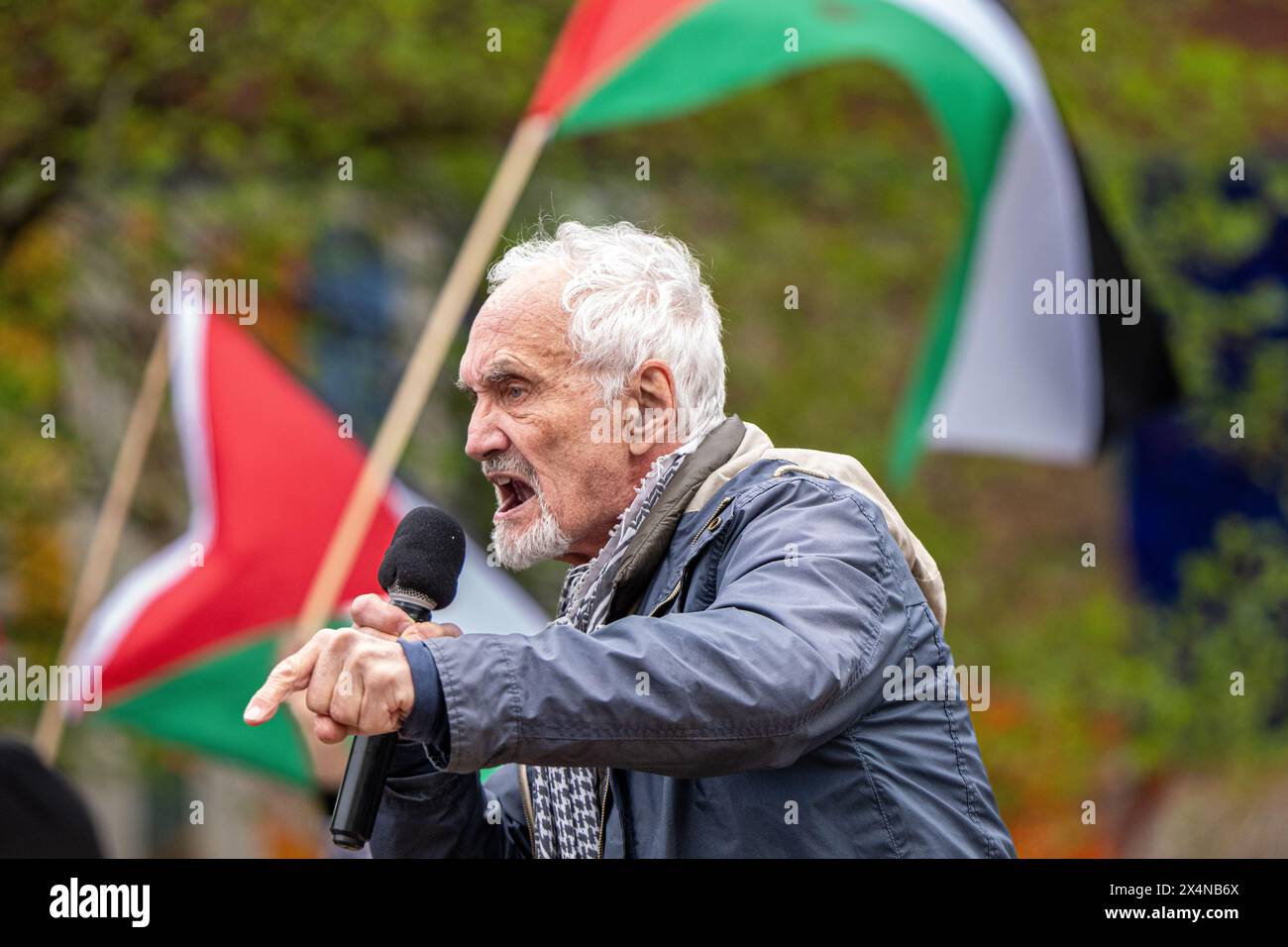 Manchester, UK. 4th May 2024. Speaker addresses student tented cap at ...