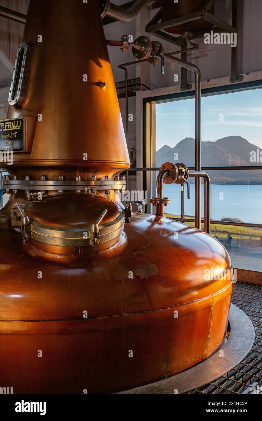 Raasay distillery still room looks out across the sound to the Cuillins ...