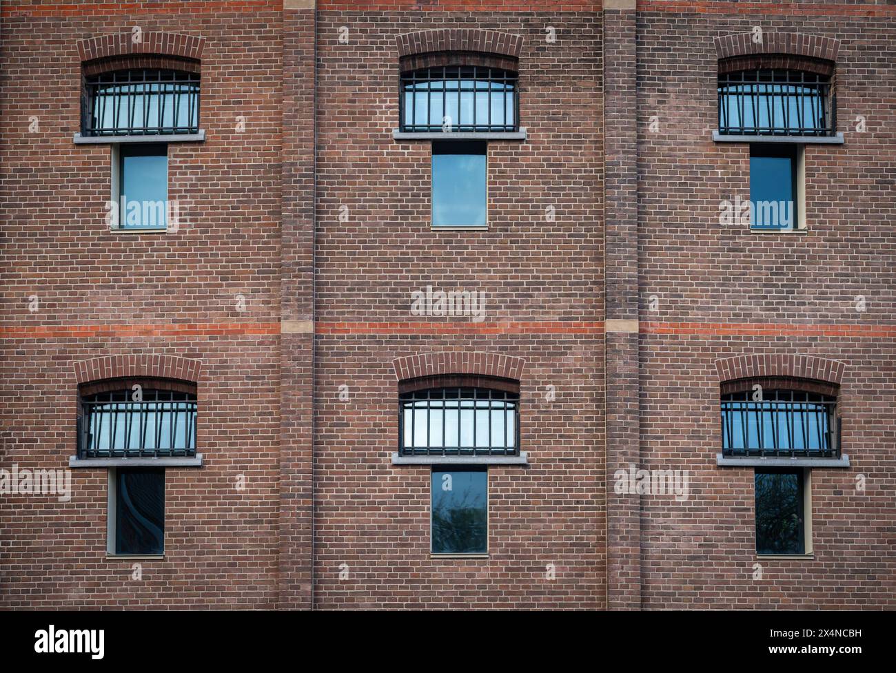 Exterior of a former prison building, close up of brick wall and ...