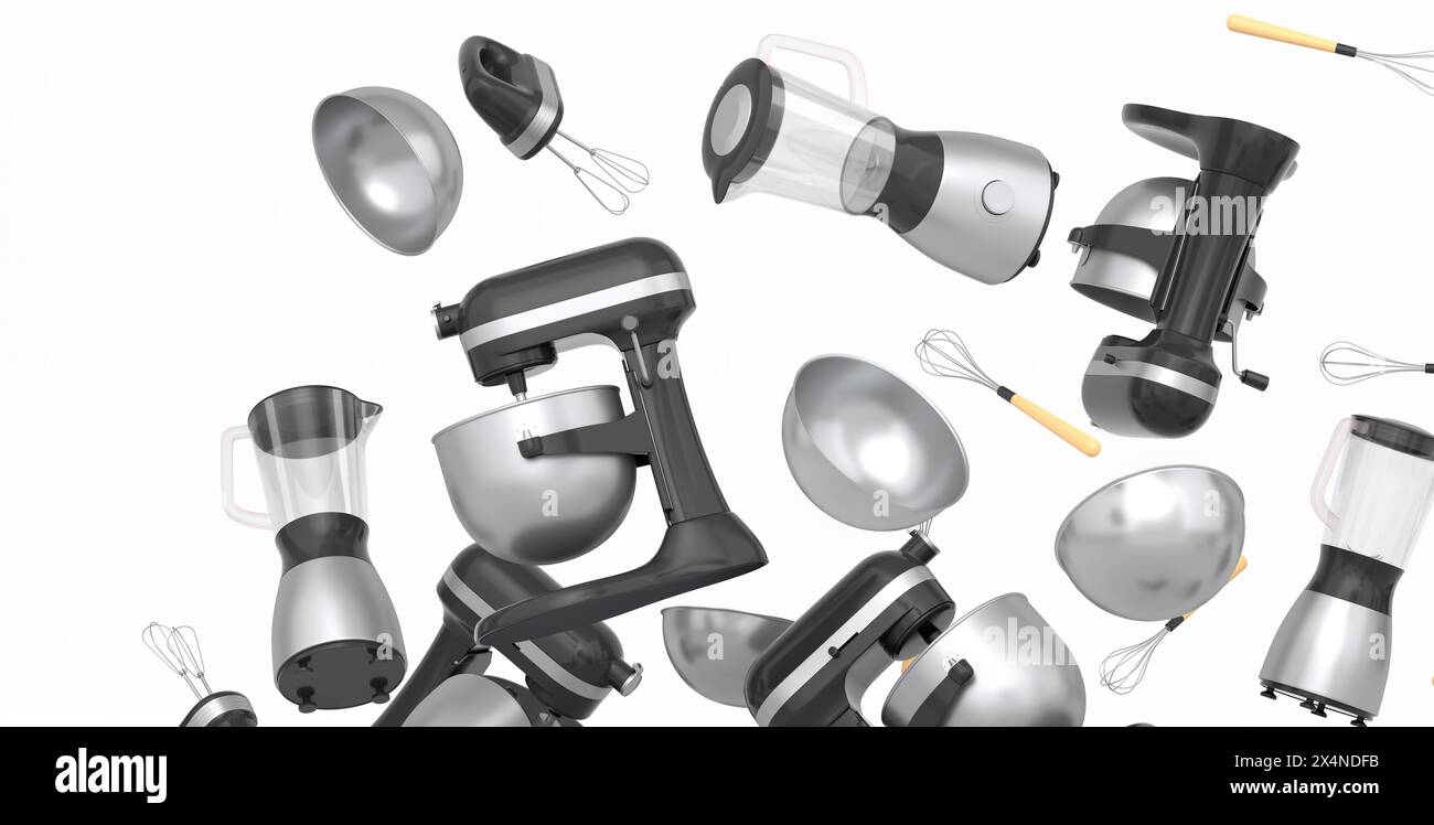 Electric kitchen appliances and utensils for making pastry on white ...