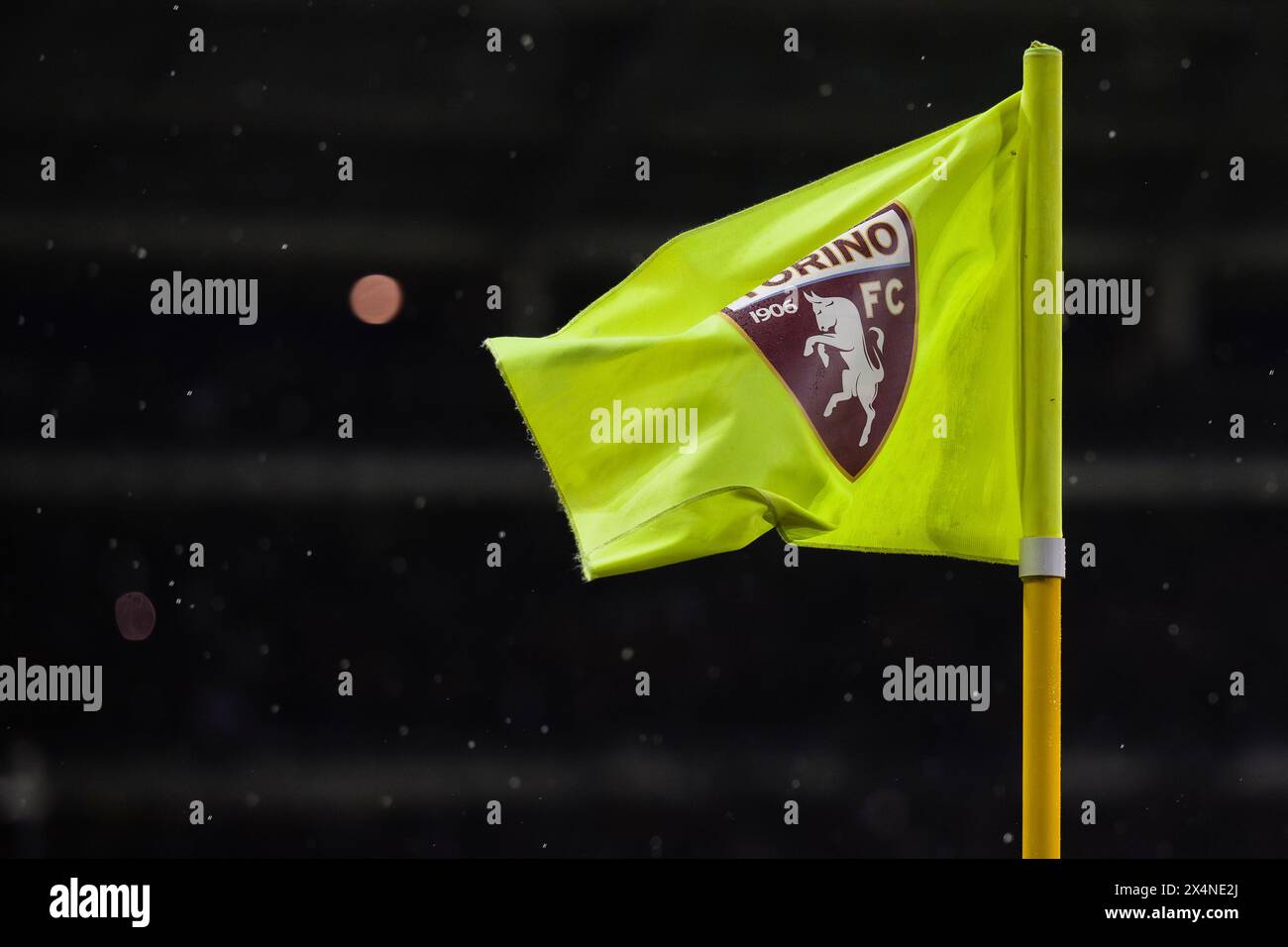 Turin, Italy. 3 May 2024. A corner flag bearing the logo of Torino FC ...