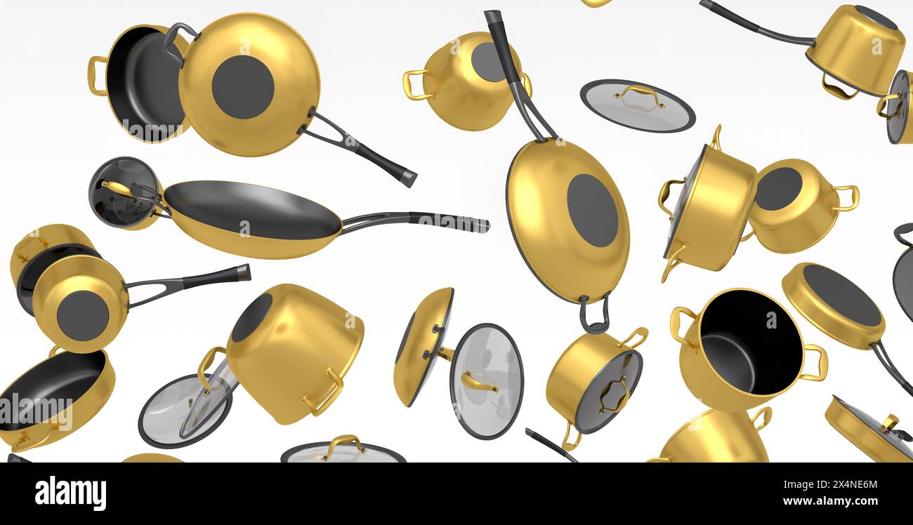 Many of flying frying pan with glass lid on white background. 3d render ...