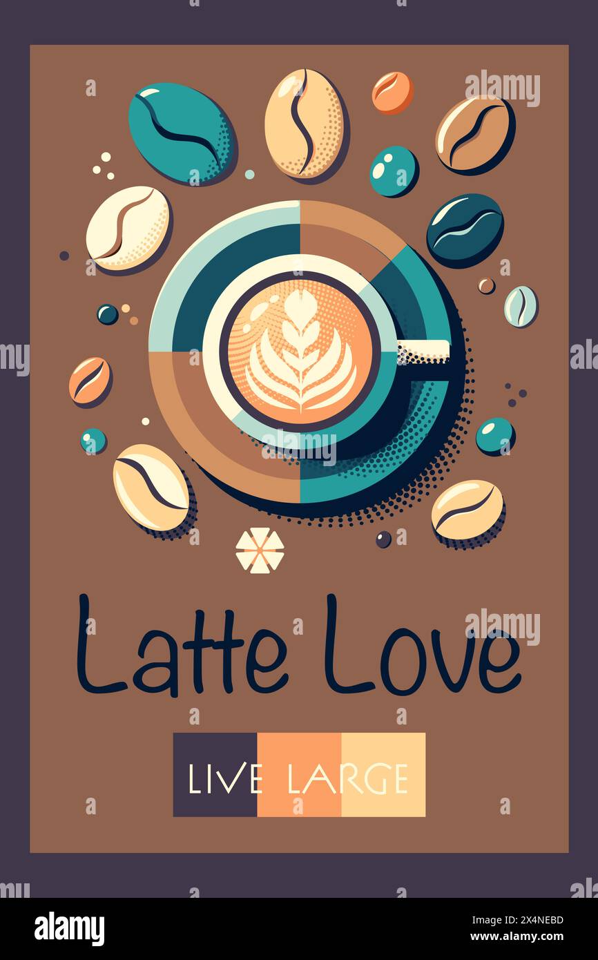 Vector vintage Cartoon Latte Love Poster with latte art cup and ...