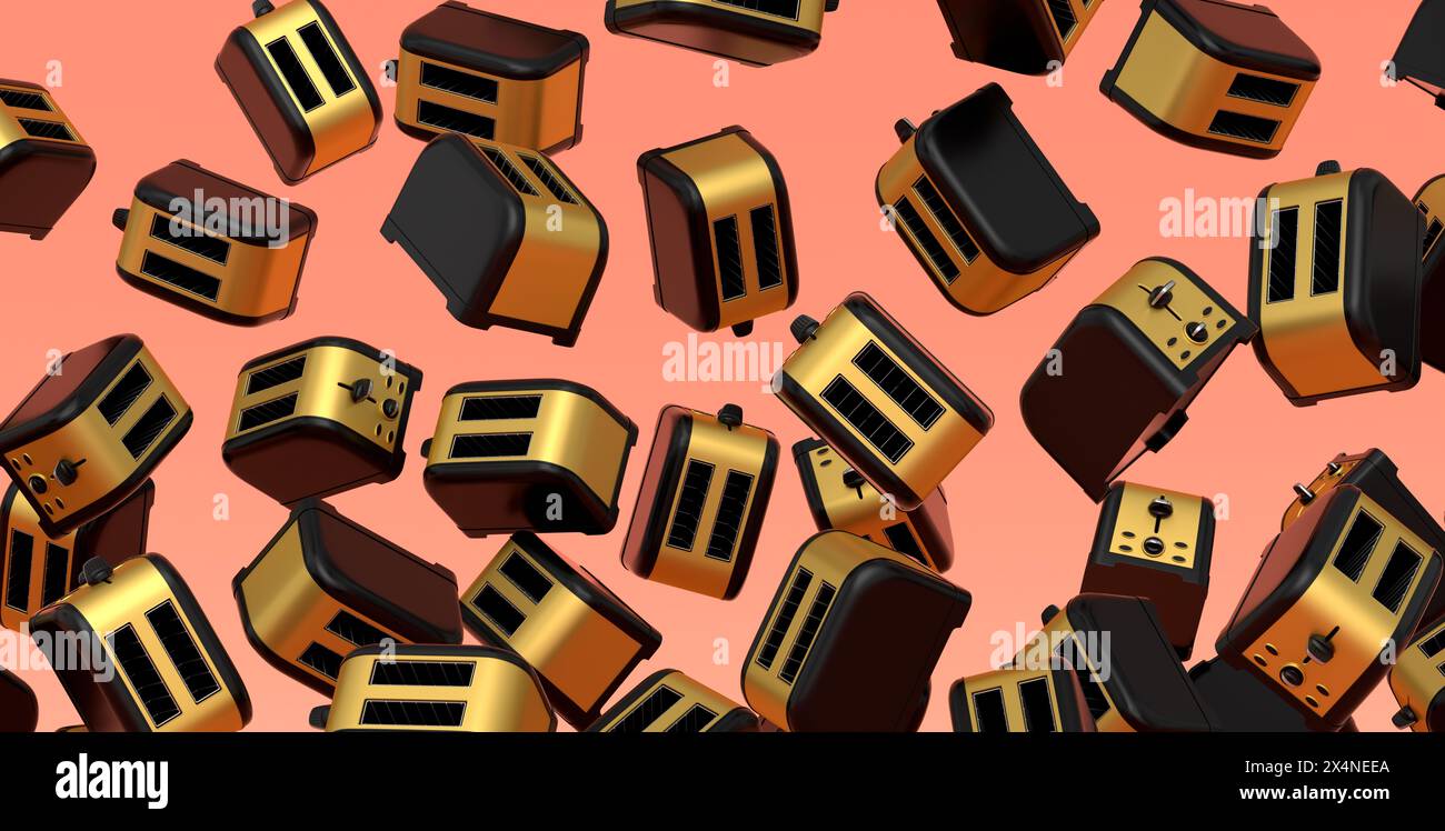 Many of flying stainless steel toaster for making toast bread on a ...