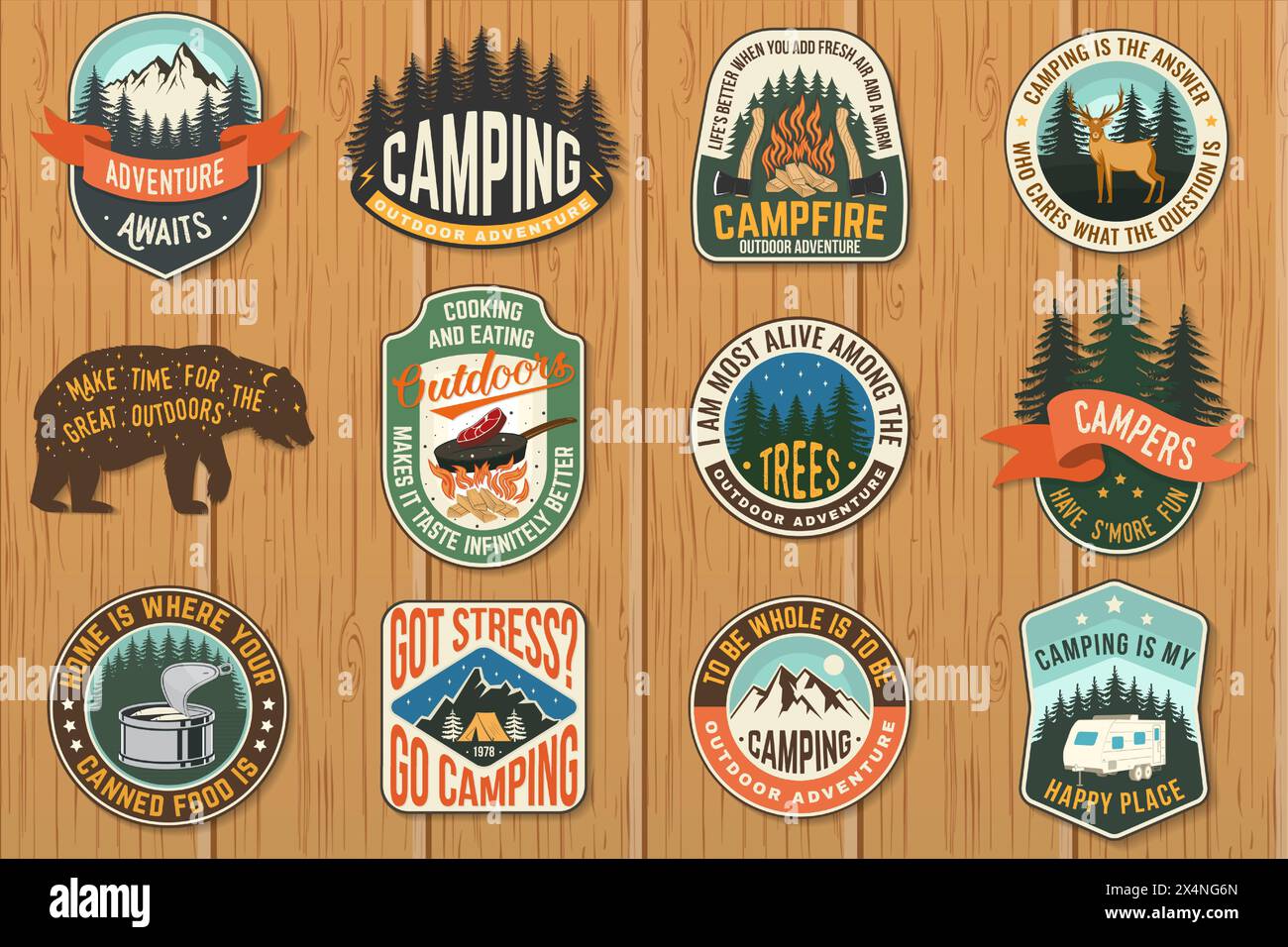 Set of Summer camp patches. Vector. Design with rv trailer, camping ...