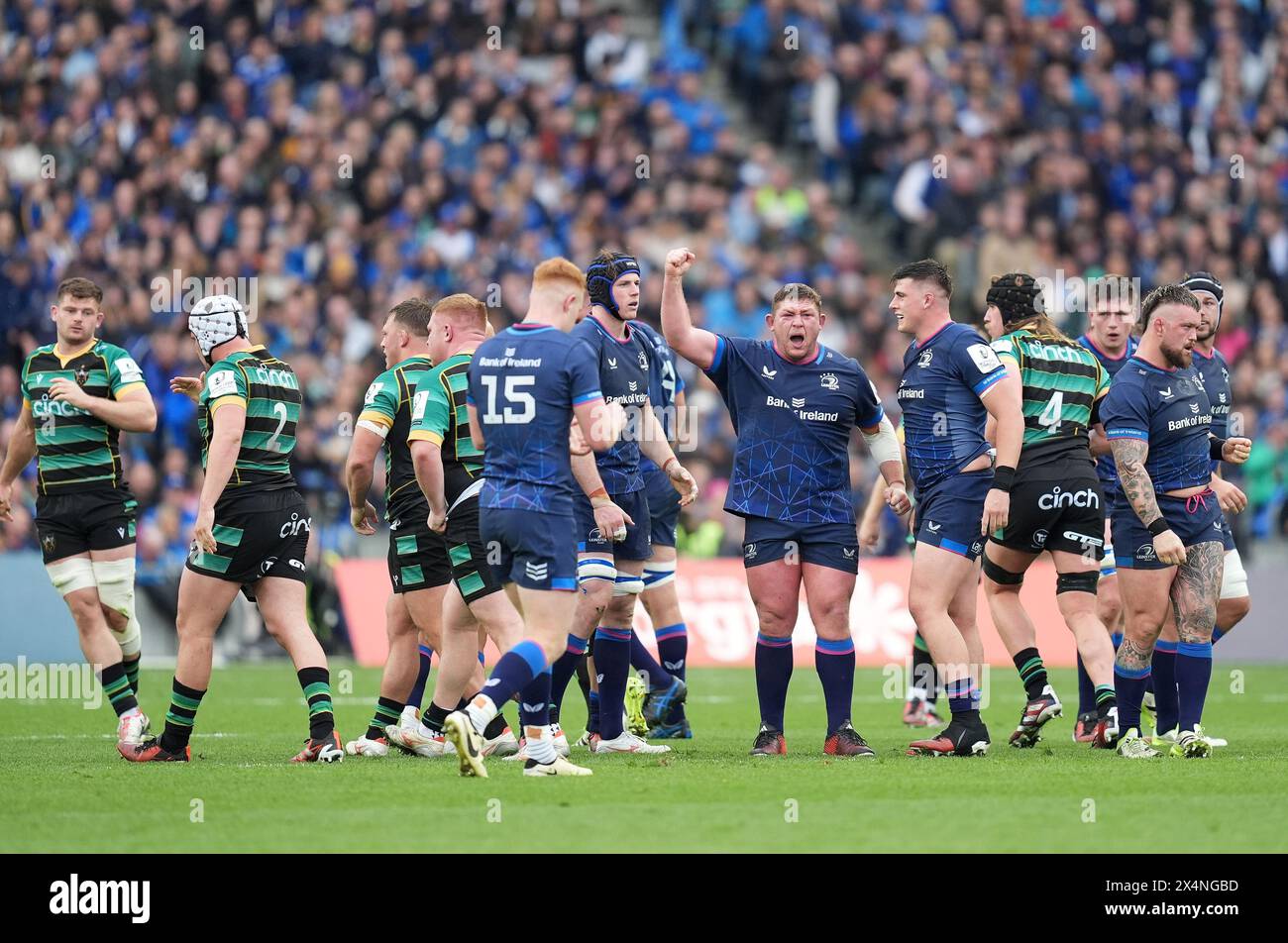 Leinster Rugby's Tadge Furlong celebrates their side’s being awarded a ...