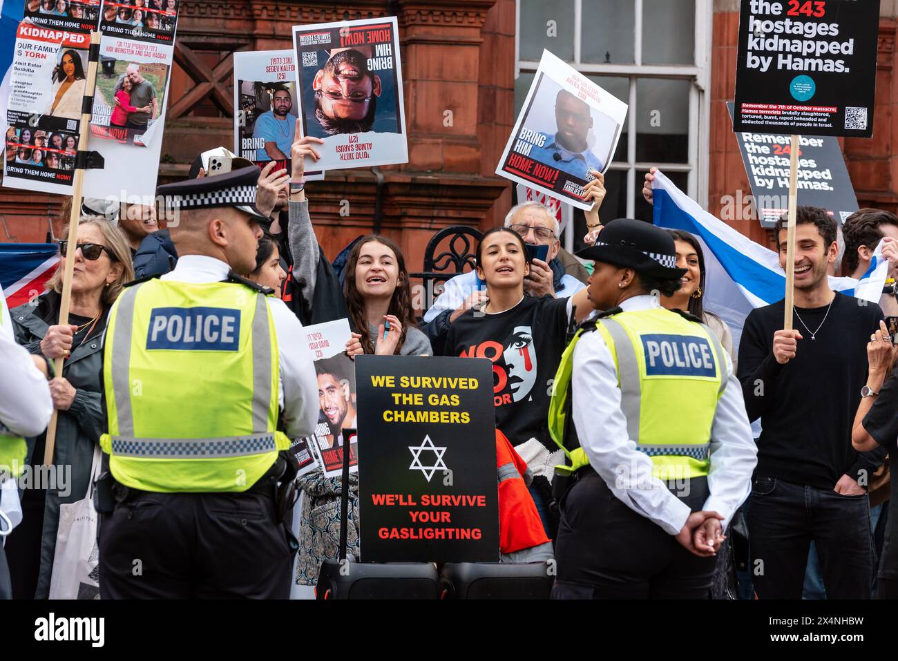 London, UK. 4 May 2024. Pro-Israel counter protest on Gower Street at ...