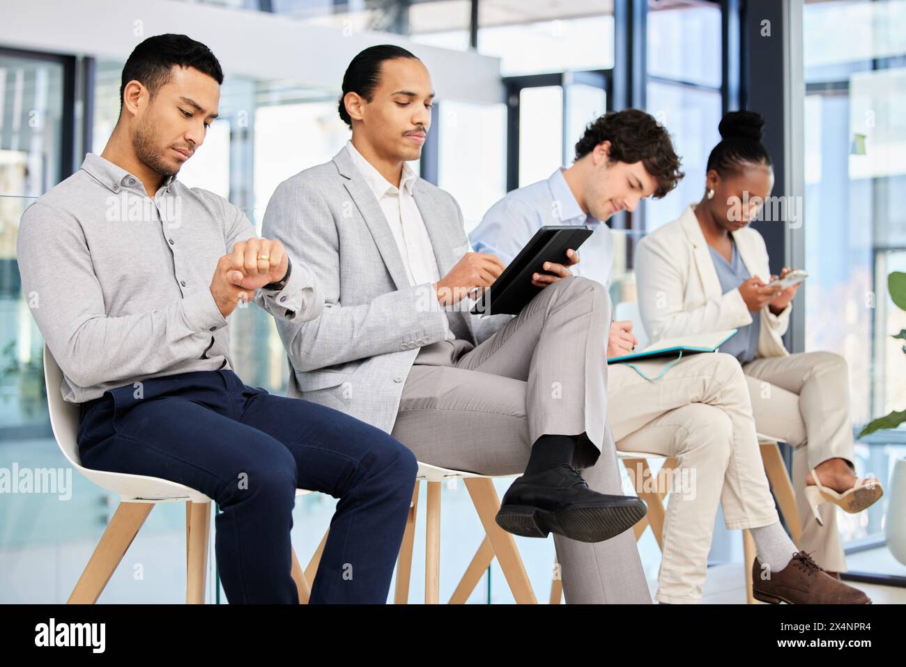 Business people, interview time and waiting room with hiring ...