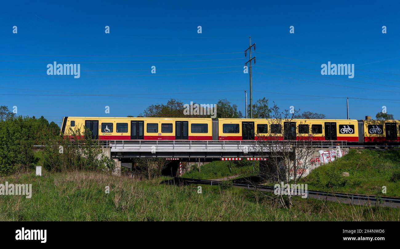 Suburban railway line in the landscape of Berlin Beech, Berlin, Germany ...