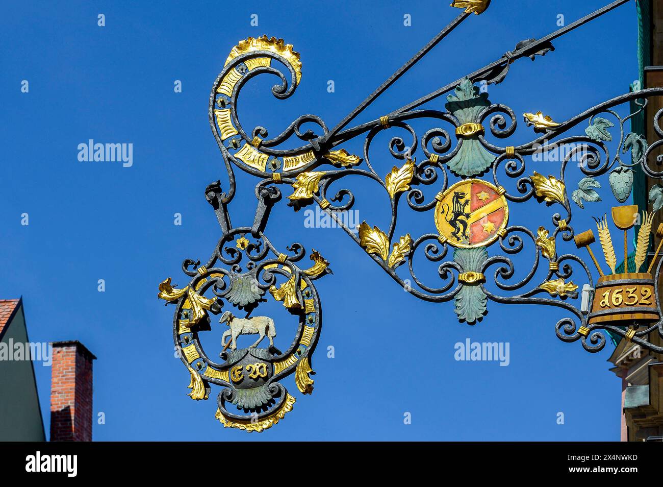 Wrought iron nose shield from 1632 with coat of arms and lamb ...
