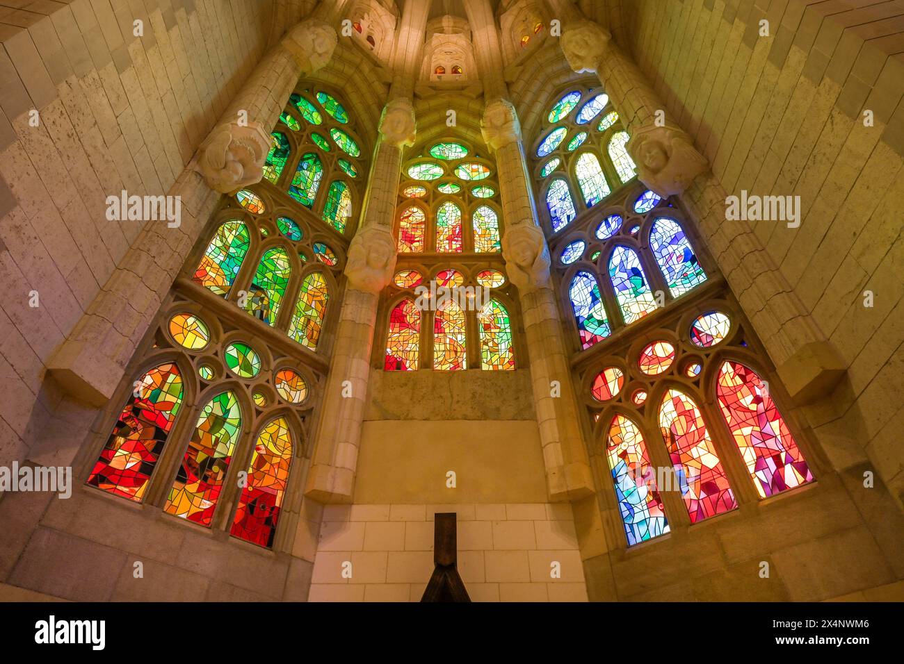 Colourful stained glass windows in side chapel, Sagrada Familia ...