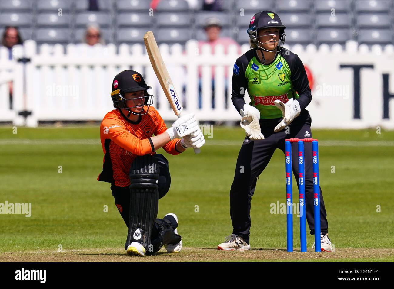 Bristol, UK, 4 May 2024. Southern Vipers' Georgia Elwiss batting during ...