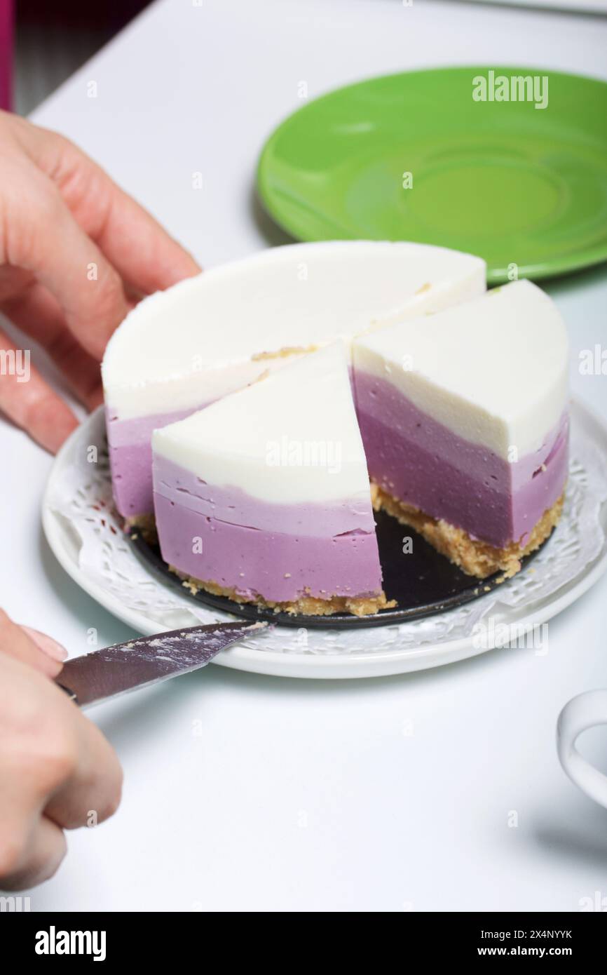 Blueberry cheesecake. A woman puts a piece of ready-made dessert on a ...