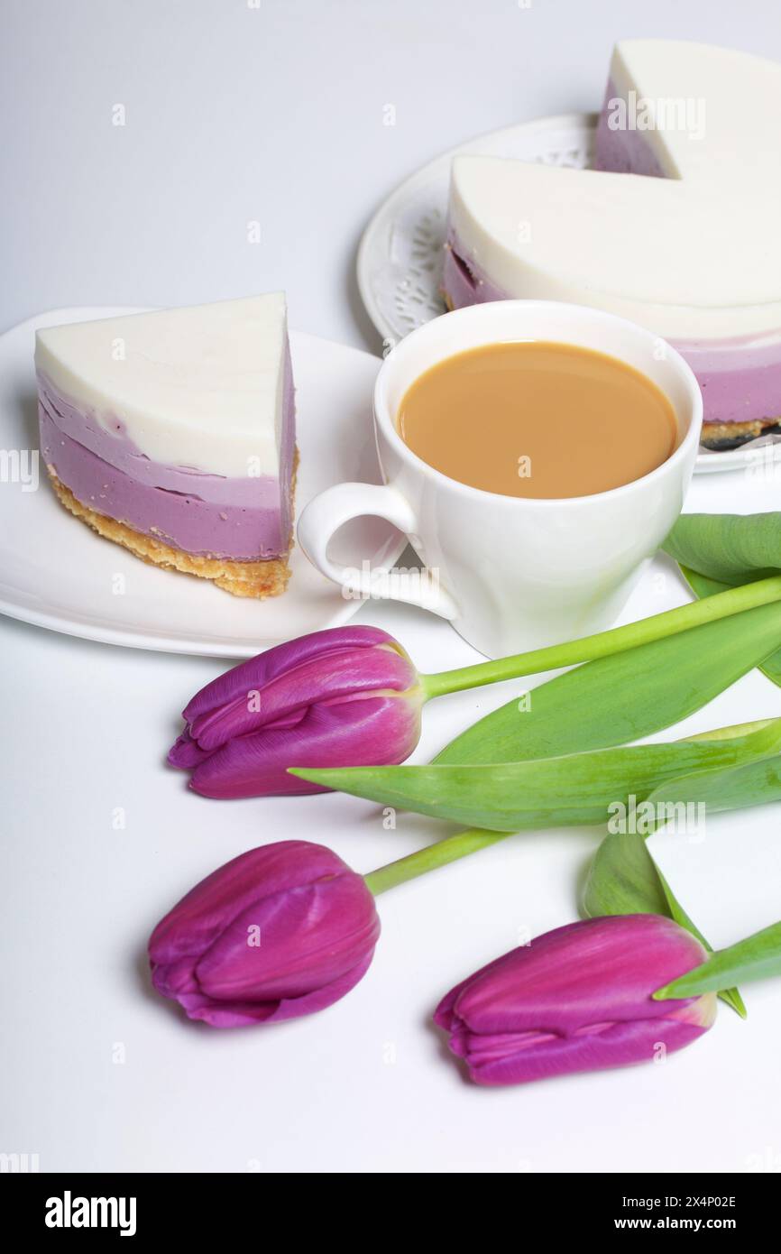 Blueberry cheesecake. A piece of ready-made dessert on a saucer. Jelly ...