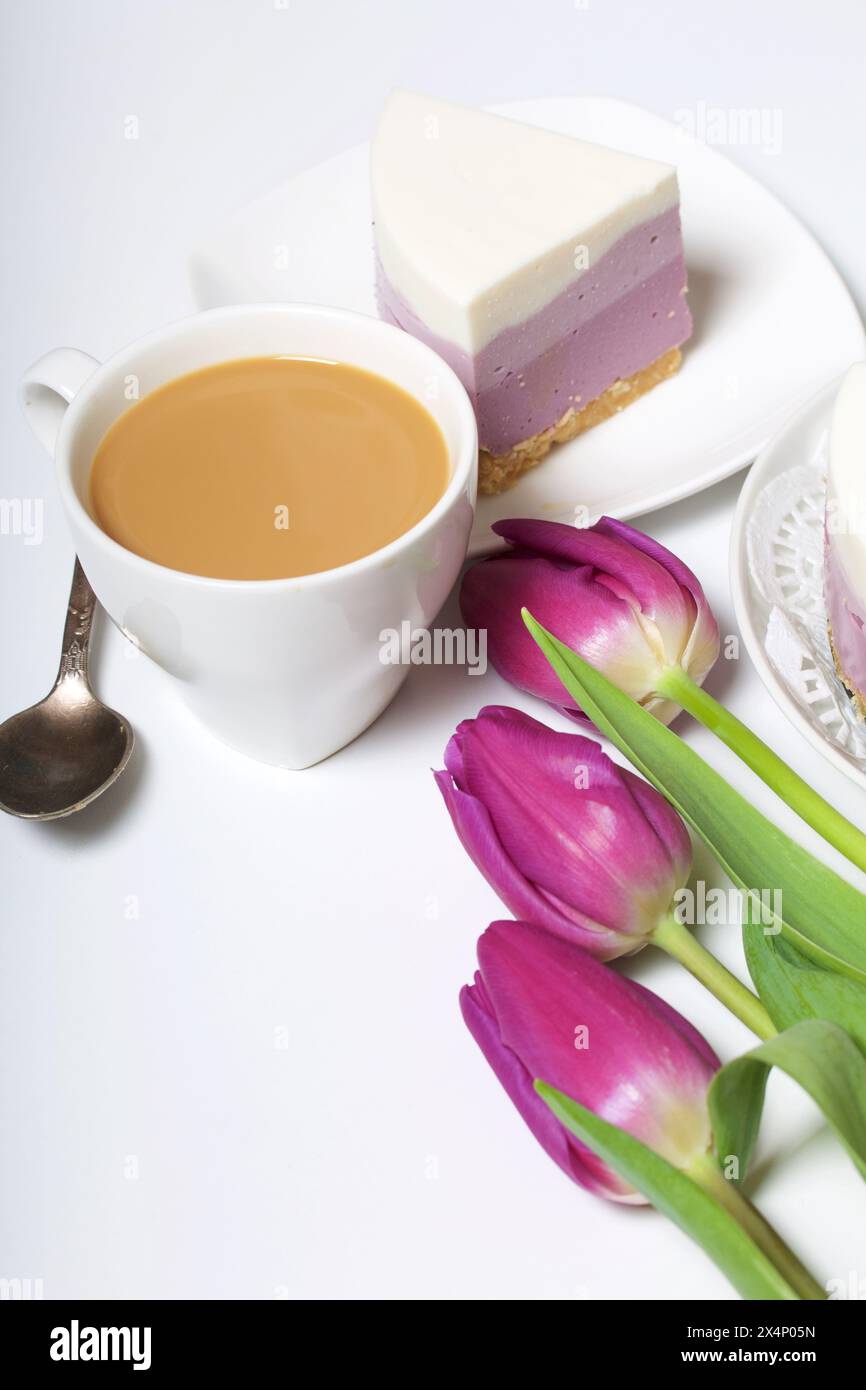Blueberry cheesecake. A piece of ready-made dessert on a saucer. Jelly ...