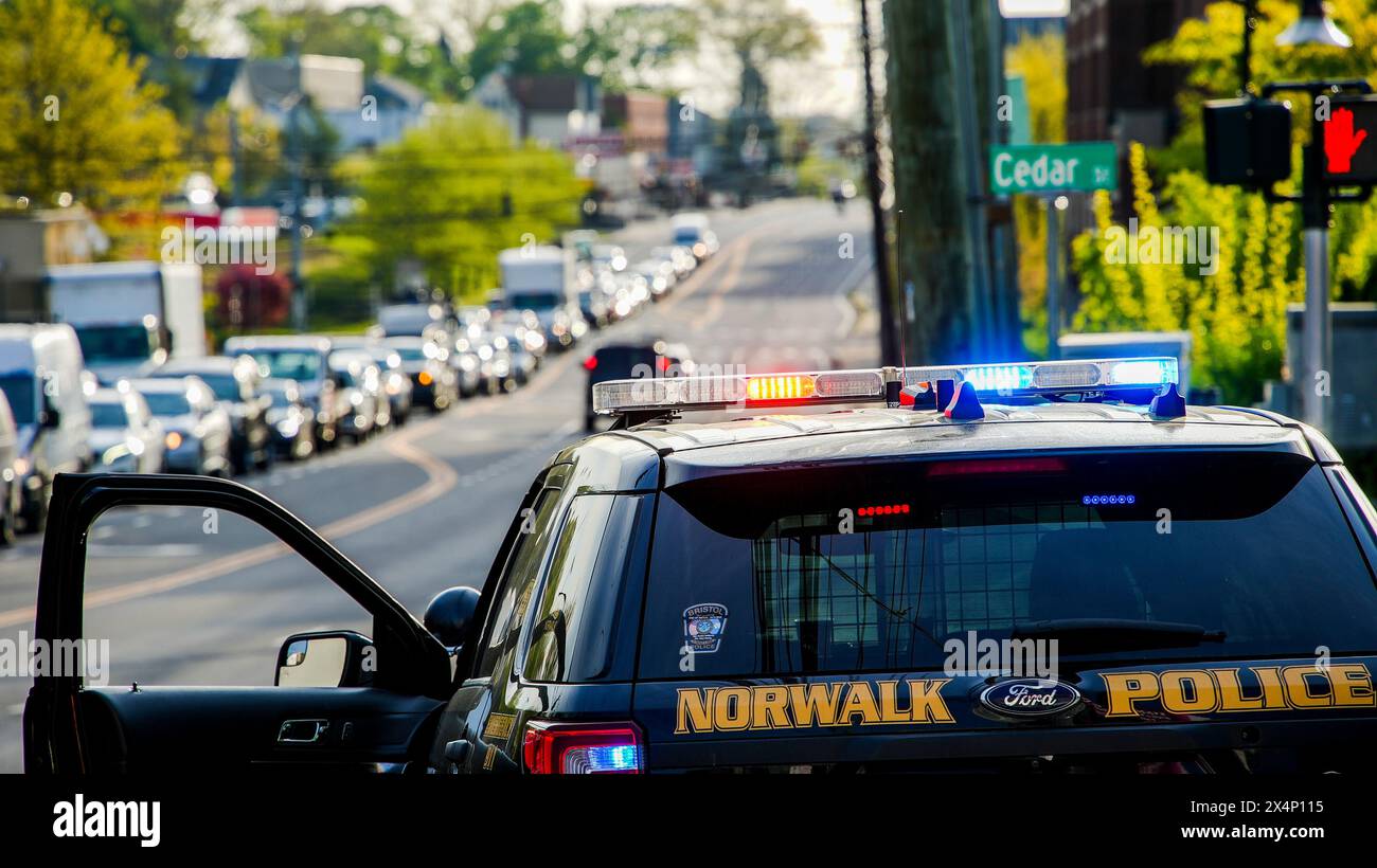 NORWALK, CT, USA- MAY 4, 2024: Traffic on Road 1 Boston Post Road ...