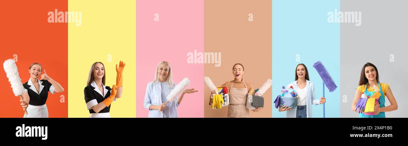 Collage of women with cleaning supplies on color background Stock Photo ...