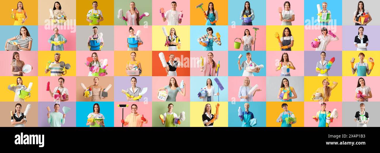 Collage of many people with cleaning supplies on color background Stock ...