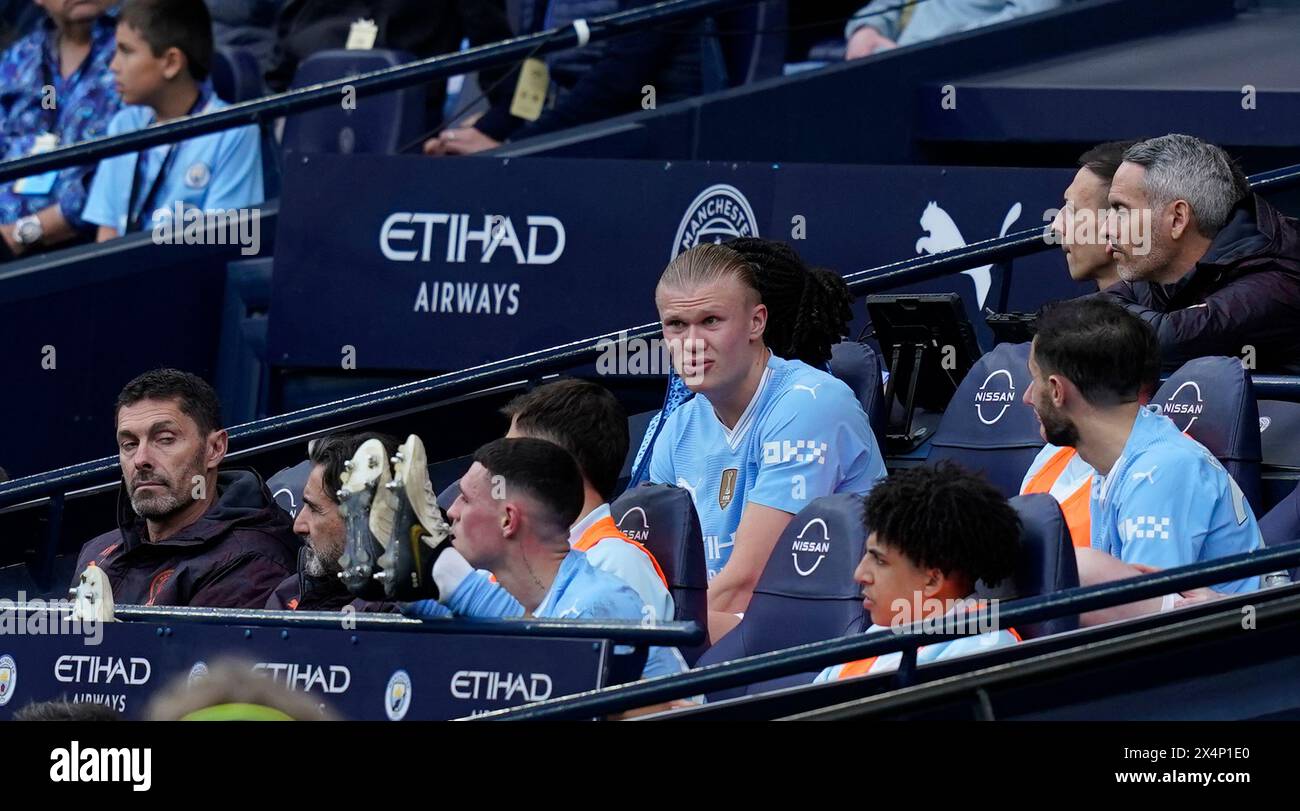 Manchester, UK. 4th May, 2024. Erling Haaland of Manchester City sits ...