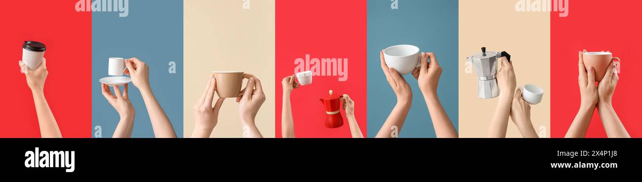 Collage of hands with cups and geyser coffee maker on color background ...