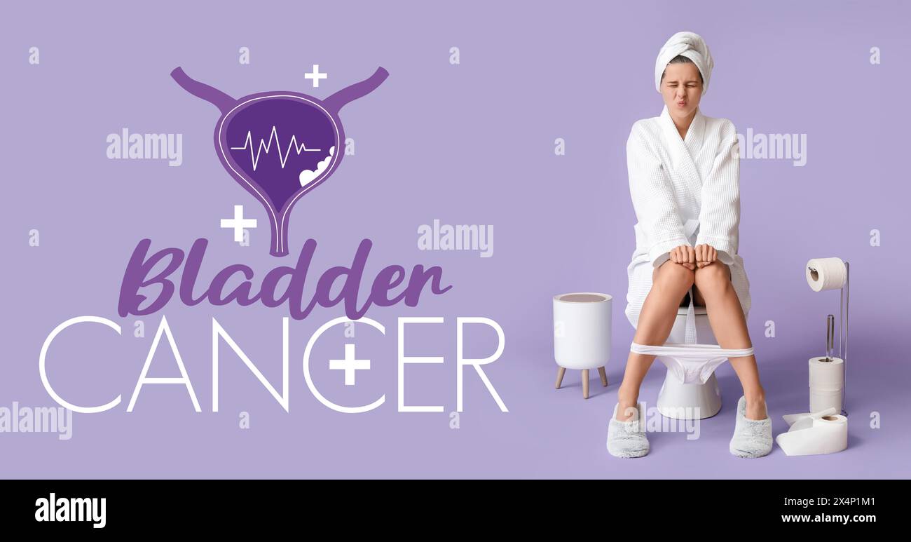 Young woman sitting on toilet bowl against lilac background. Bladder ...