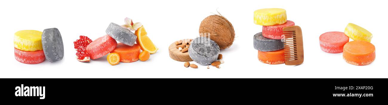 Collection of solid shampoo bars on white background Stock Photo - Alamy