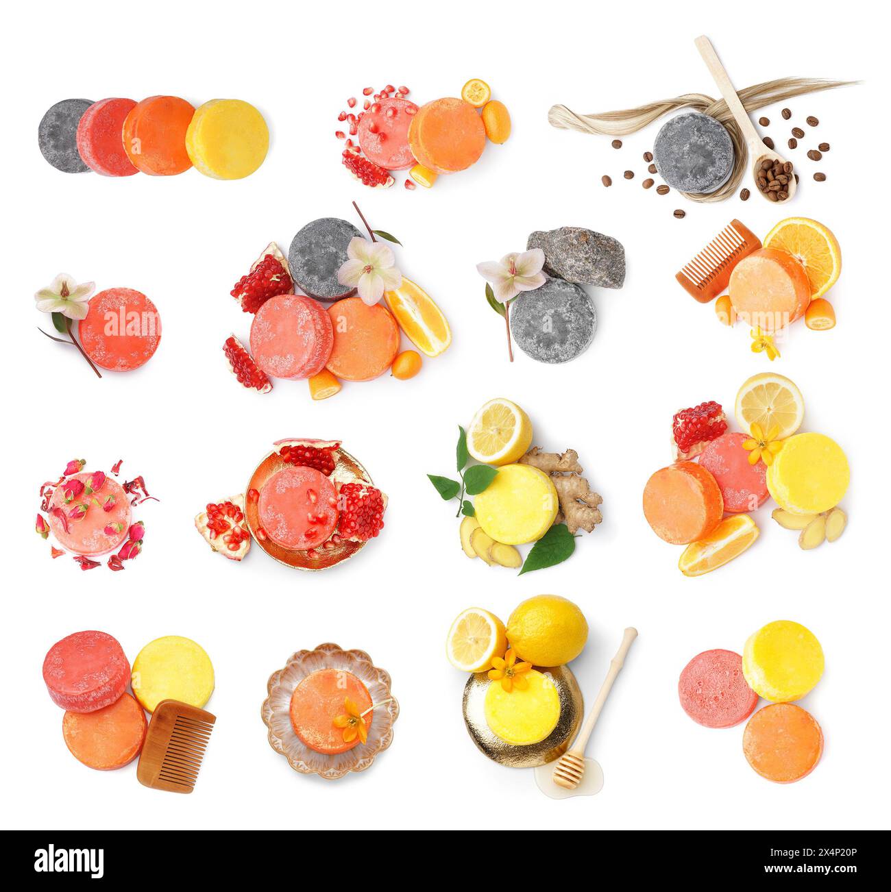 Group of solid shampoo bars on white background, top view Stock Photo ...