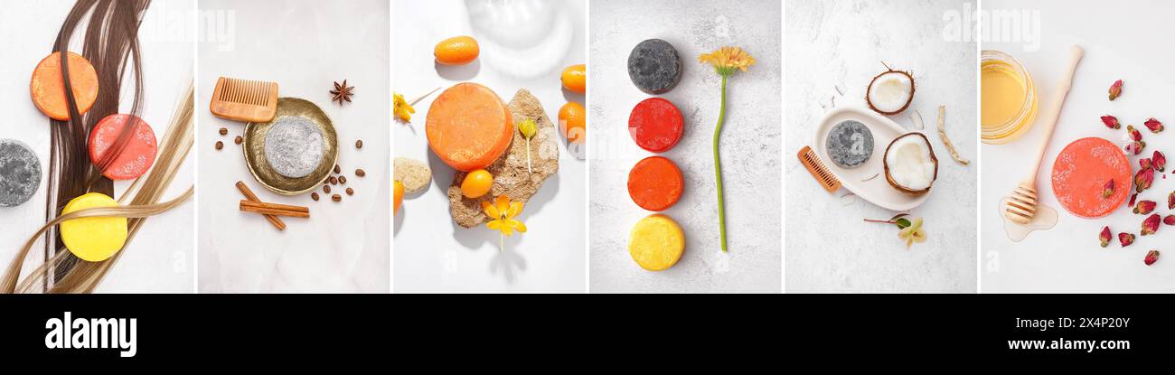 Collage of solid shampoo bars on light grunge background, top view ...