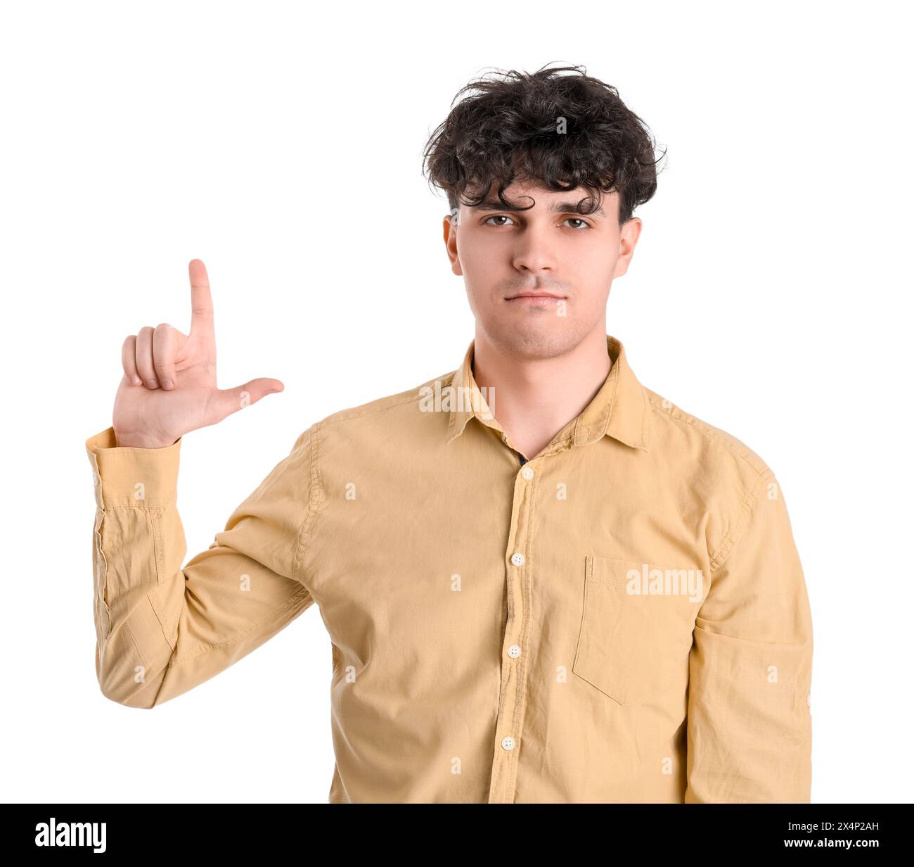 Young man showing loser gesture on white background Stock Photo - Alamy