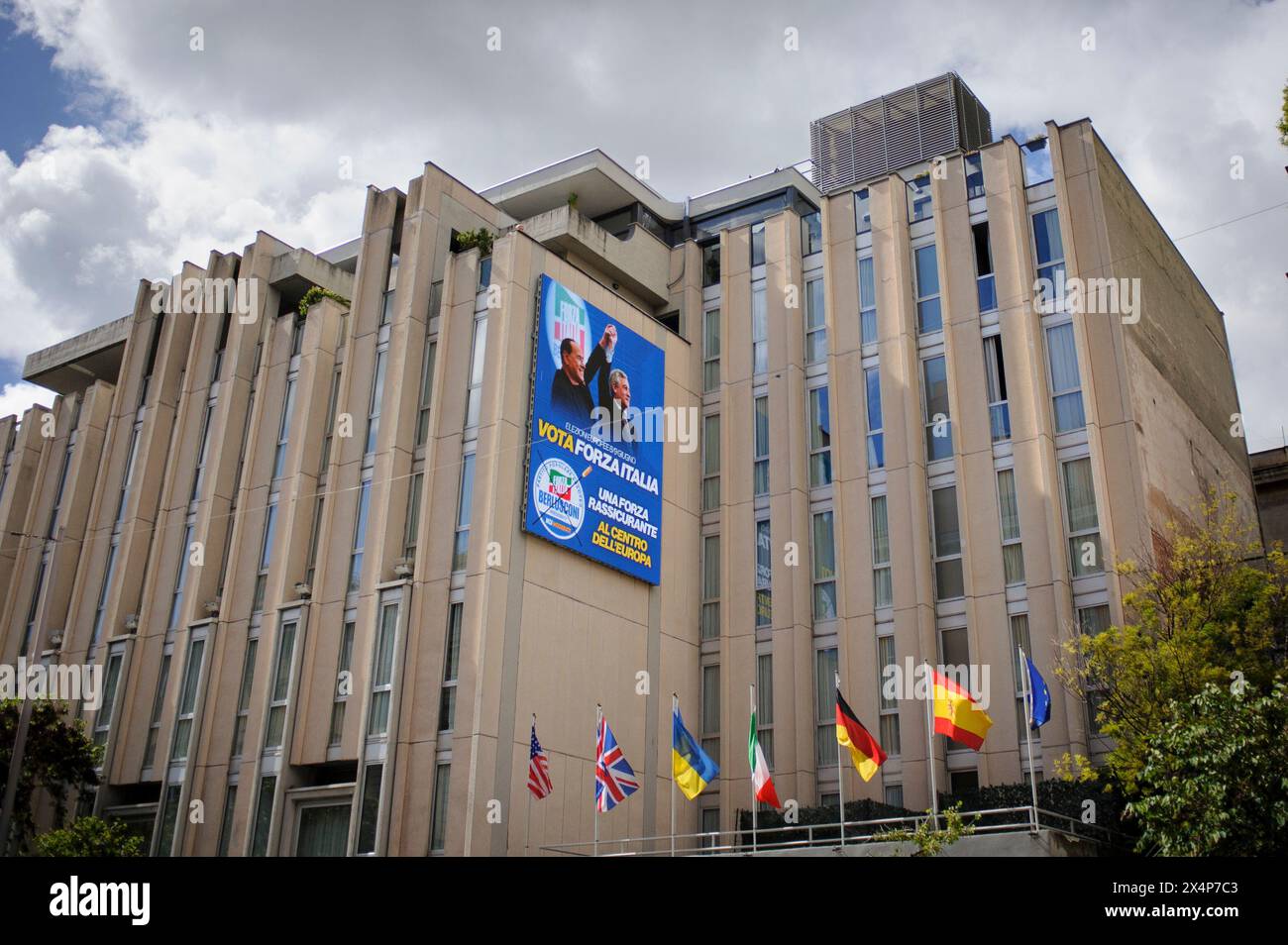 Rome, Italy. 3rd May, 2024. On the facade of a building a large display ...