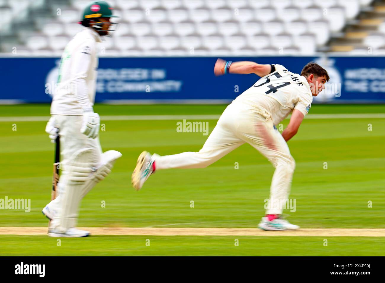 London. 4th May 2024. Ethan Bamber (54 Middlesex) in action bowling ...