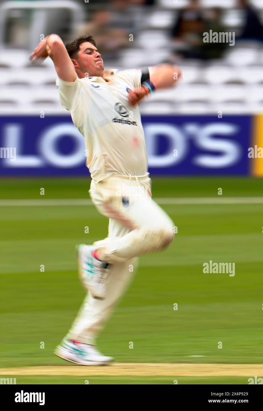 London. 4th May 2024. Ethan Bamber (54 Middlesex) in action bowling ...