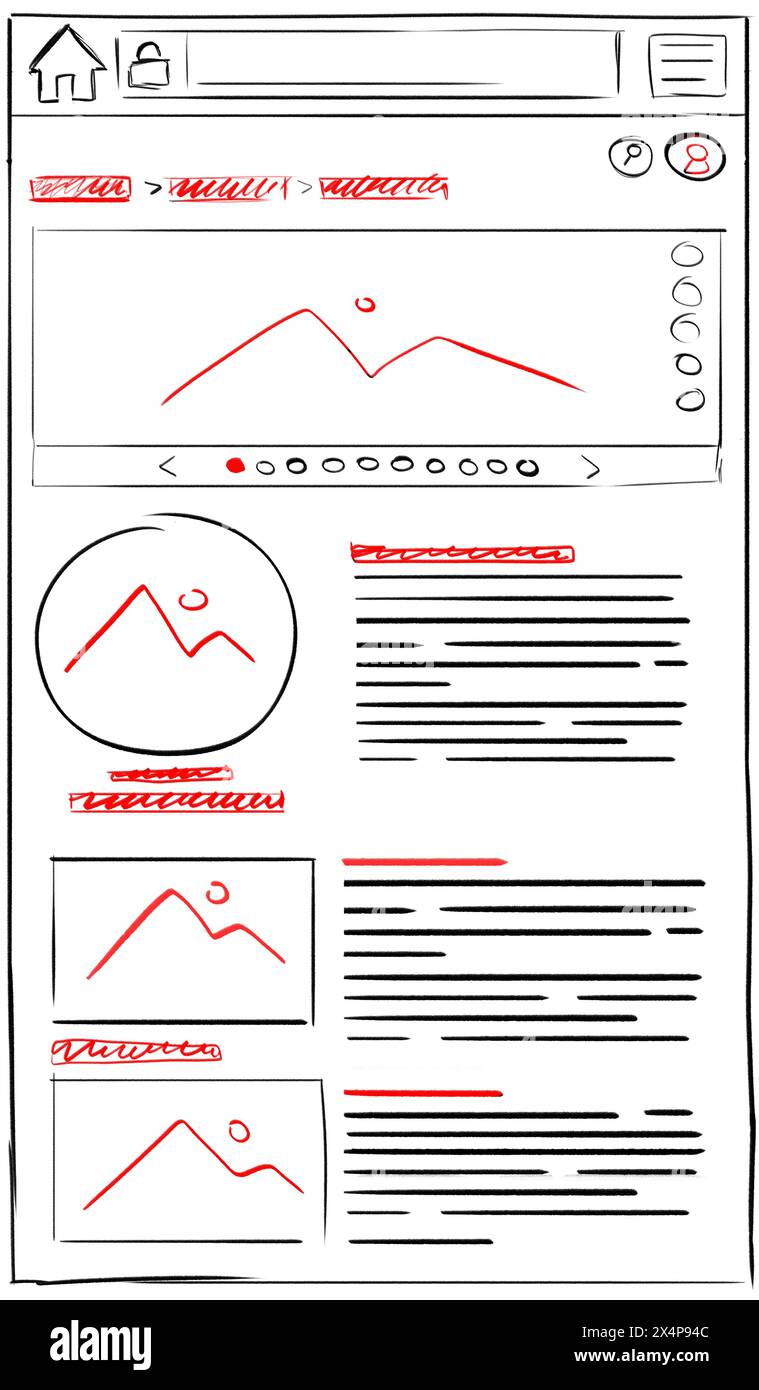 Website design template, interface development. Wireframe with different elements on white ...