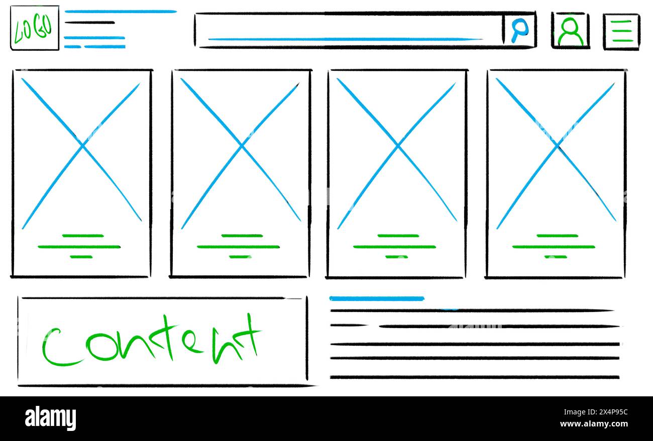 Website design template, interface development. Wireframe with different elements on white ...