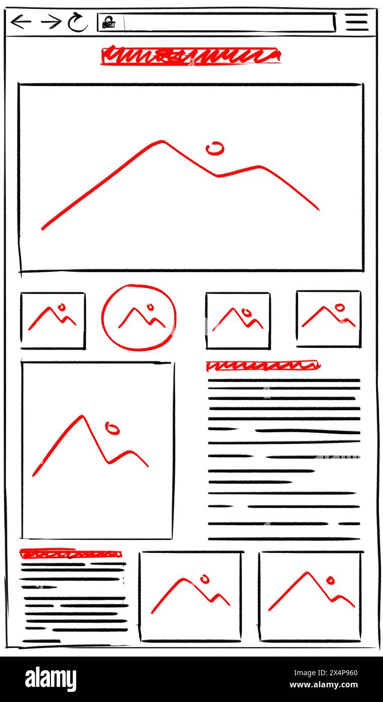 Website design template, interface development. Wireframe with different elements on white ...