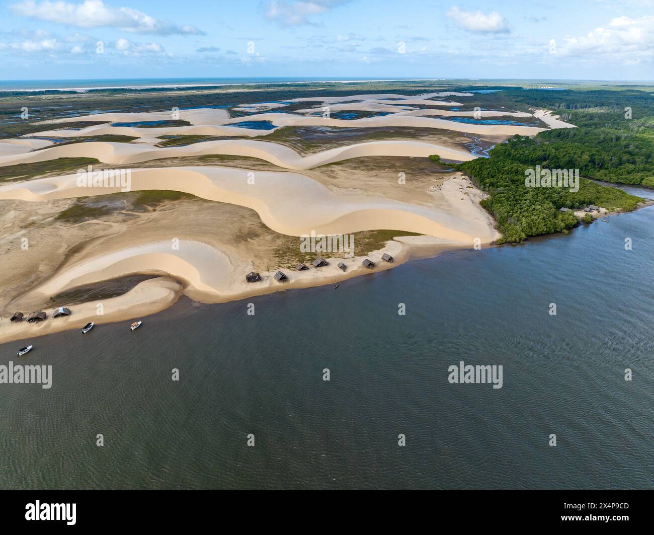 Aerial view of Parque da Dunas - Ilha das Canarias, Brazil. Huts on the ...