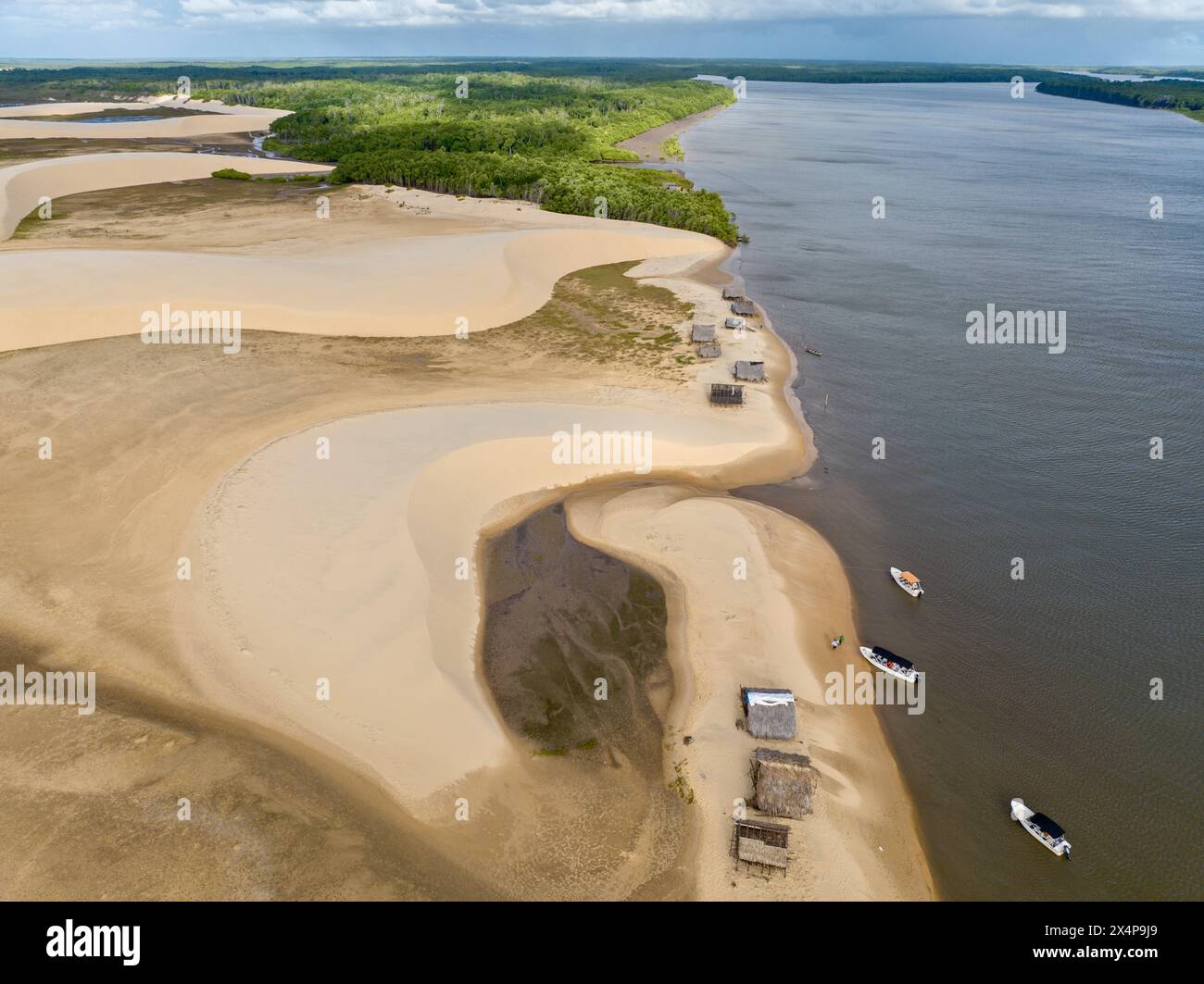 Aerial view of Parque da Dunas - Ilha das Canarias, Brazil. Huts on the ...