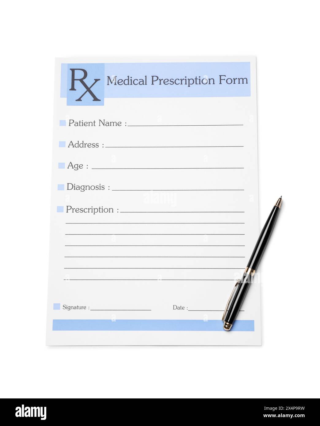 Medical prescription form and pen isolated on white, top view Stock ...