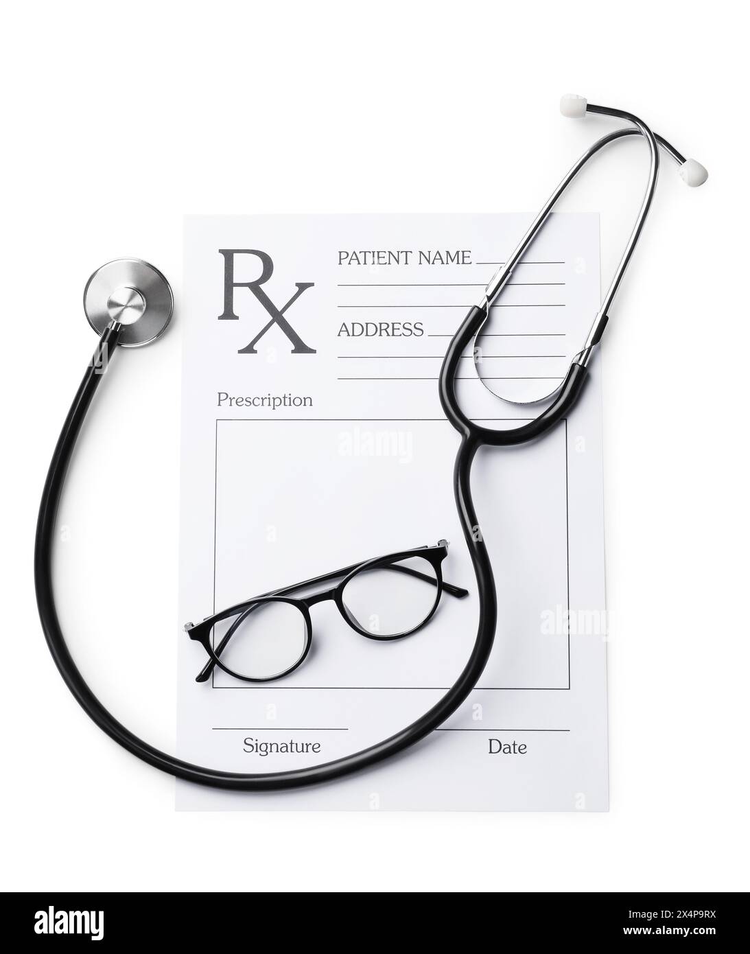 Medical prescription form, stethoscope and glasses on white background ...