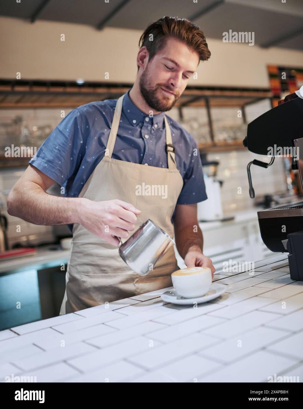 Man, jug and cup in cafe for espresso with hospitality service, small ...