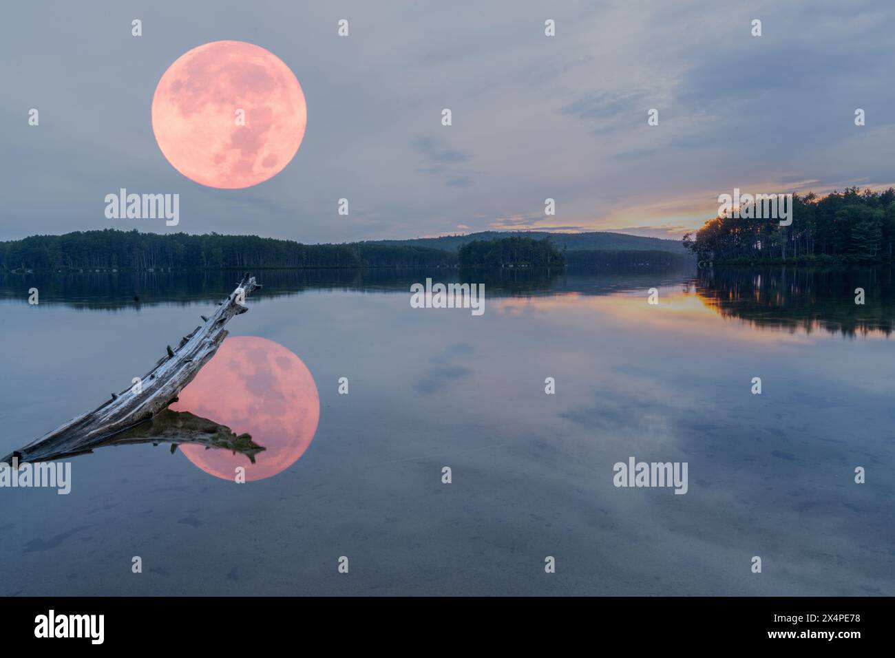 Giant red moon over lake Stock Photo - Alamy