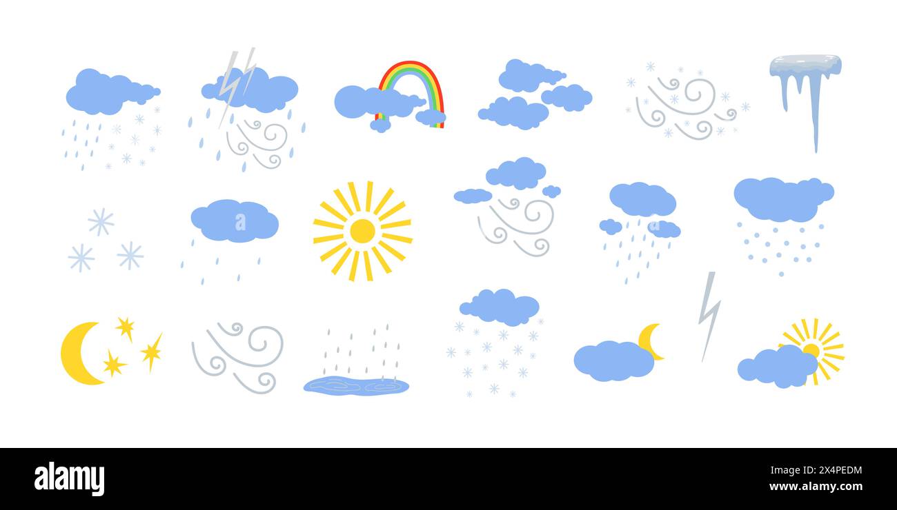 Weather elements set sun, wind, rain, fog, clouds cute hand drawn ...